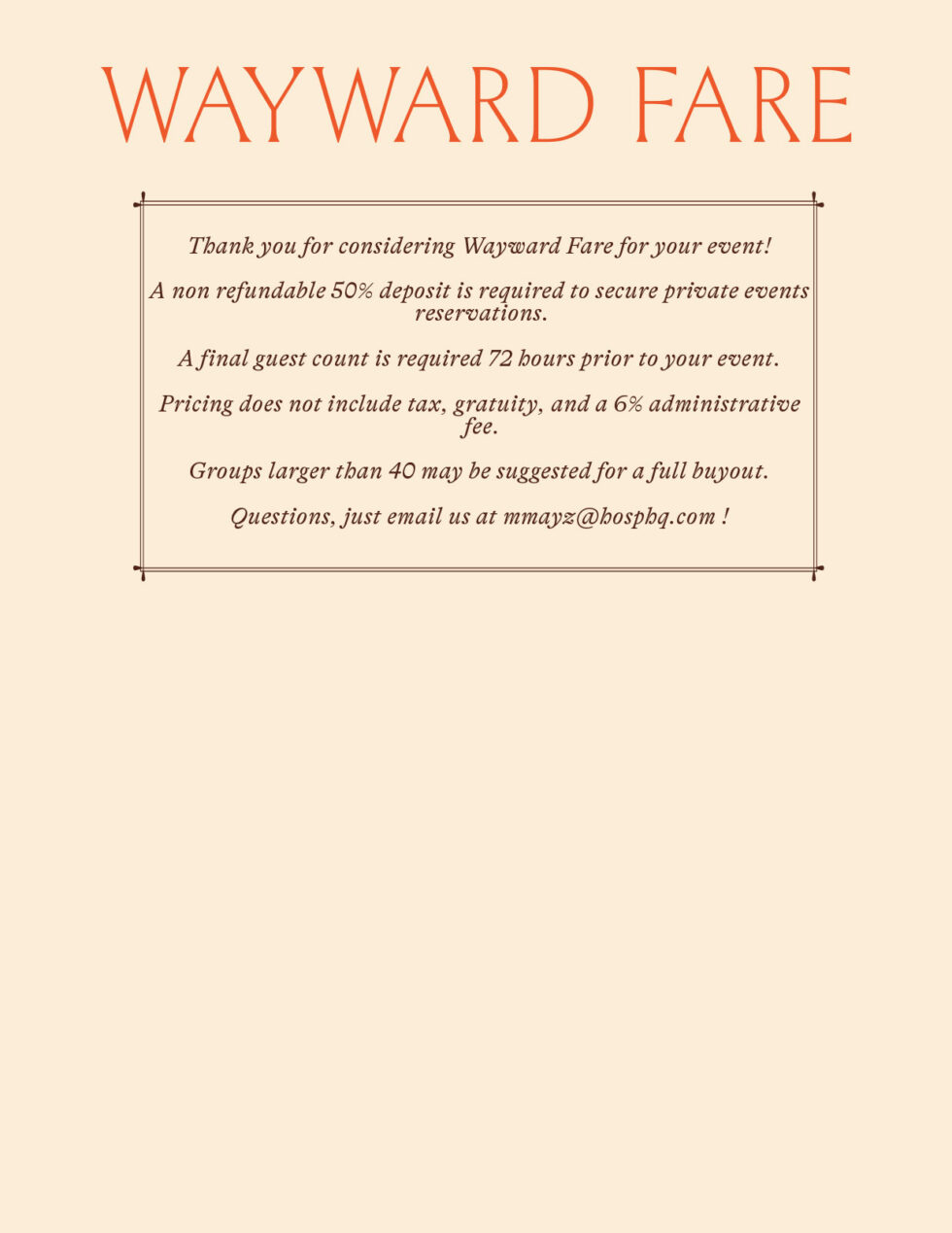 Large Party Menus - Wayward Fare